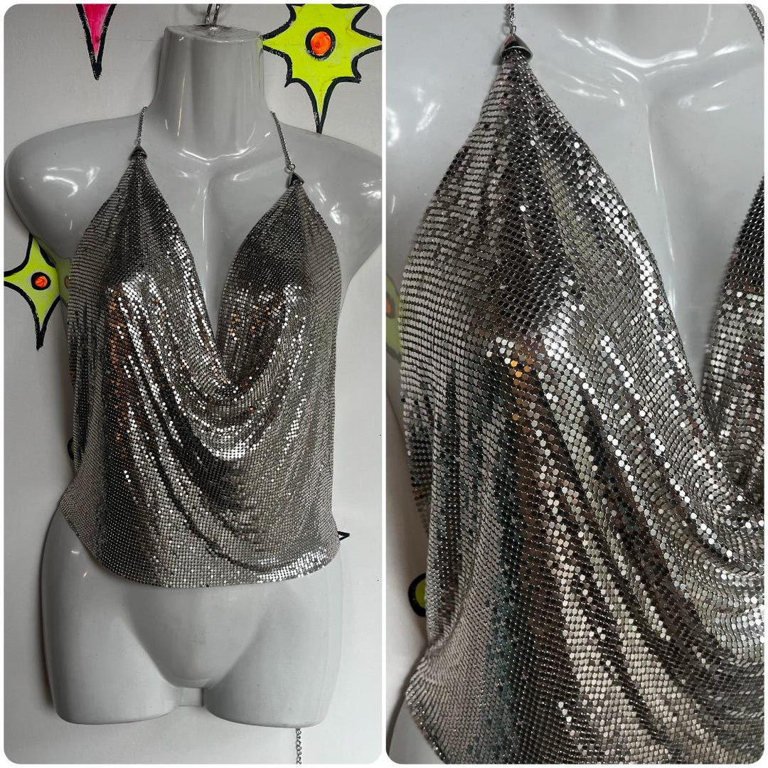 Y2K 2000s | Silver Metallic Disco Mesh Chainmail Backless Halter Top ...