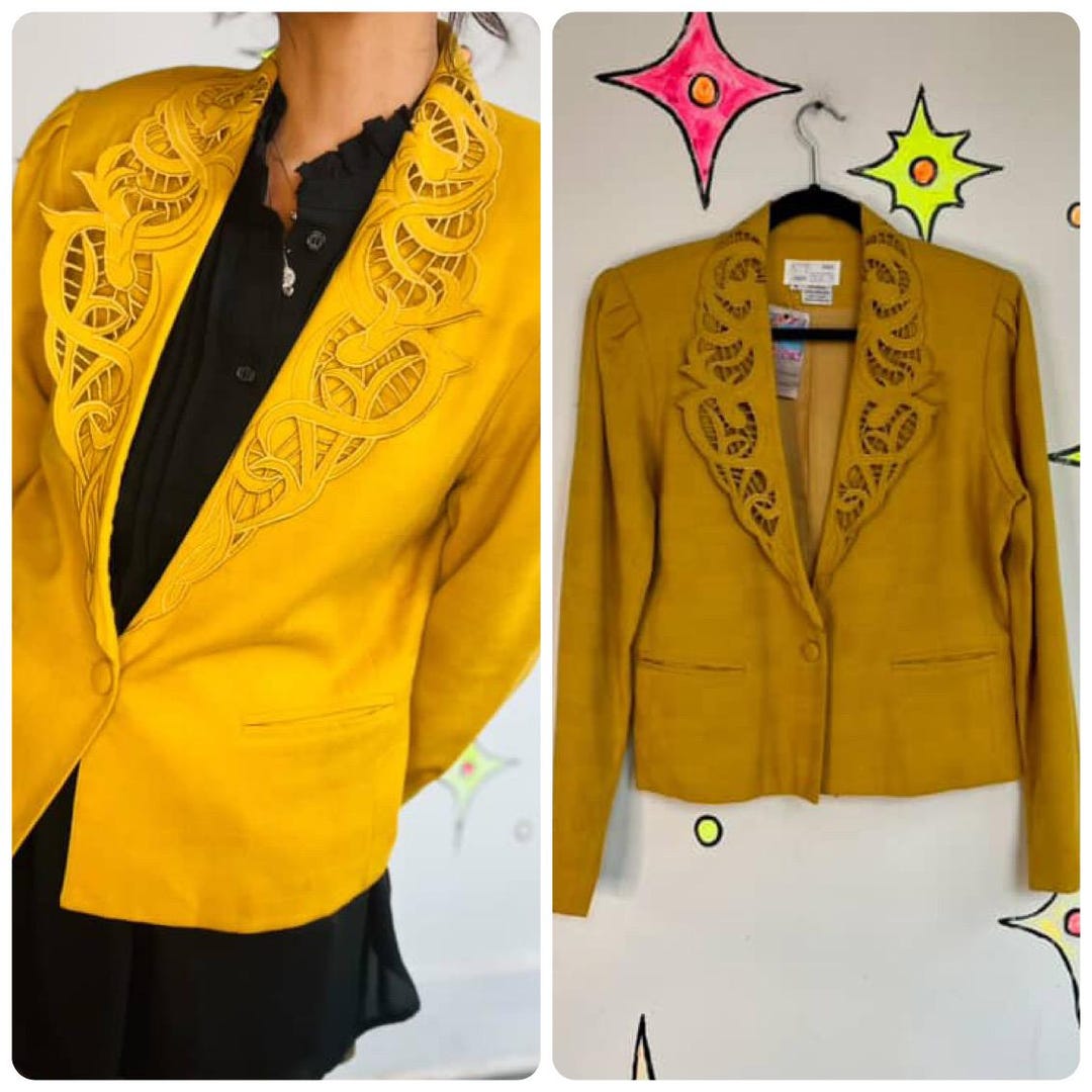 Vintage 80s Yellow Anne Beretta Lace Collar Blazer Avant Garde ...