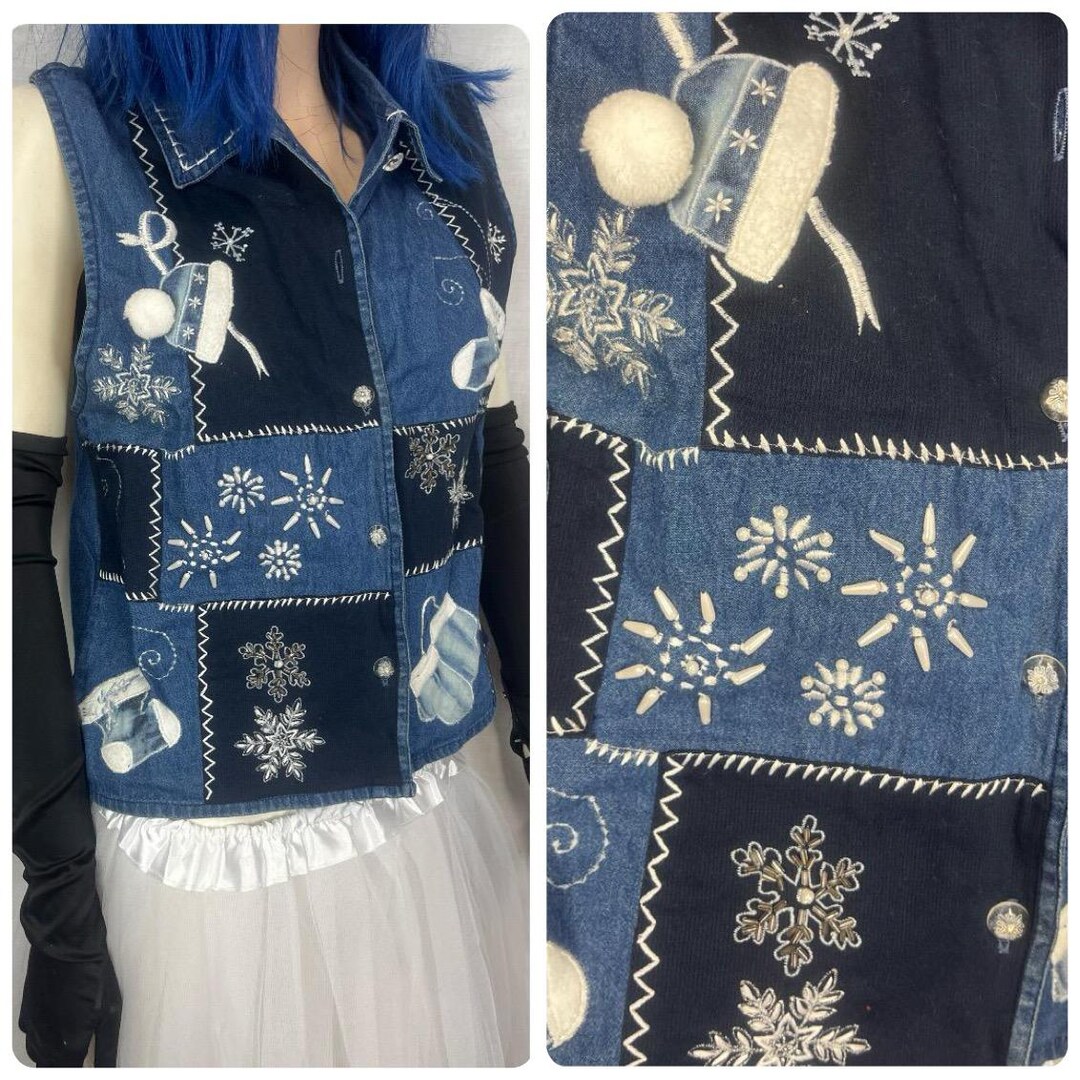 Vintage 90s | Patchwork Denim Embellished Tacky Ugly Christmas Sweater ...