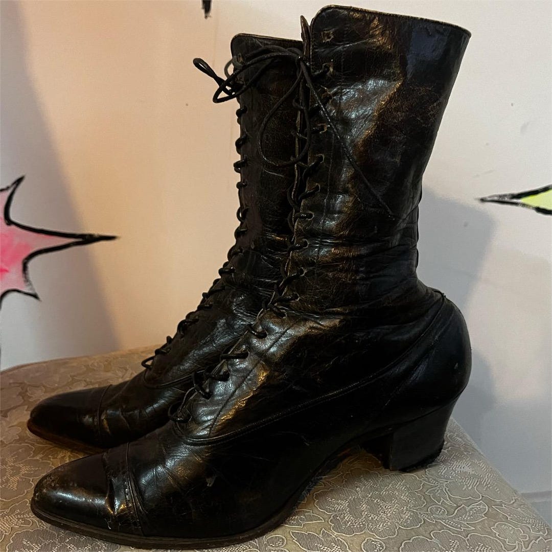 Antique Leather Victorian Boots Shiny Black Pointy Witchy Lace up Boots ...