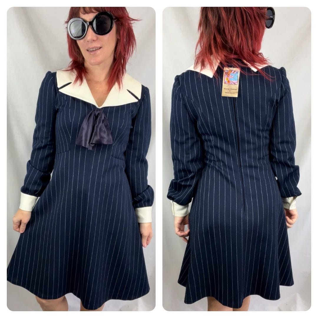 Vintage 1960s 60s Navy Gogo Groovy Dagger Collar Mod A Line Mini Dress ...