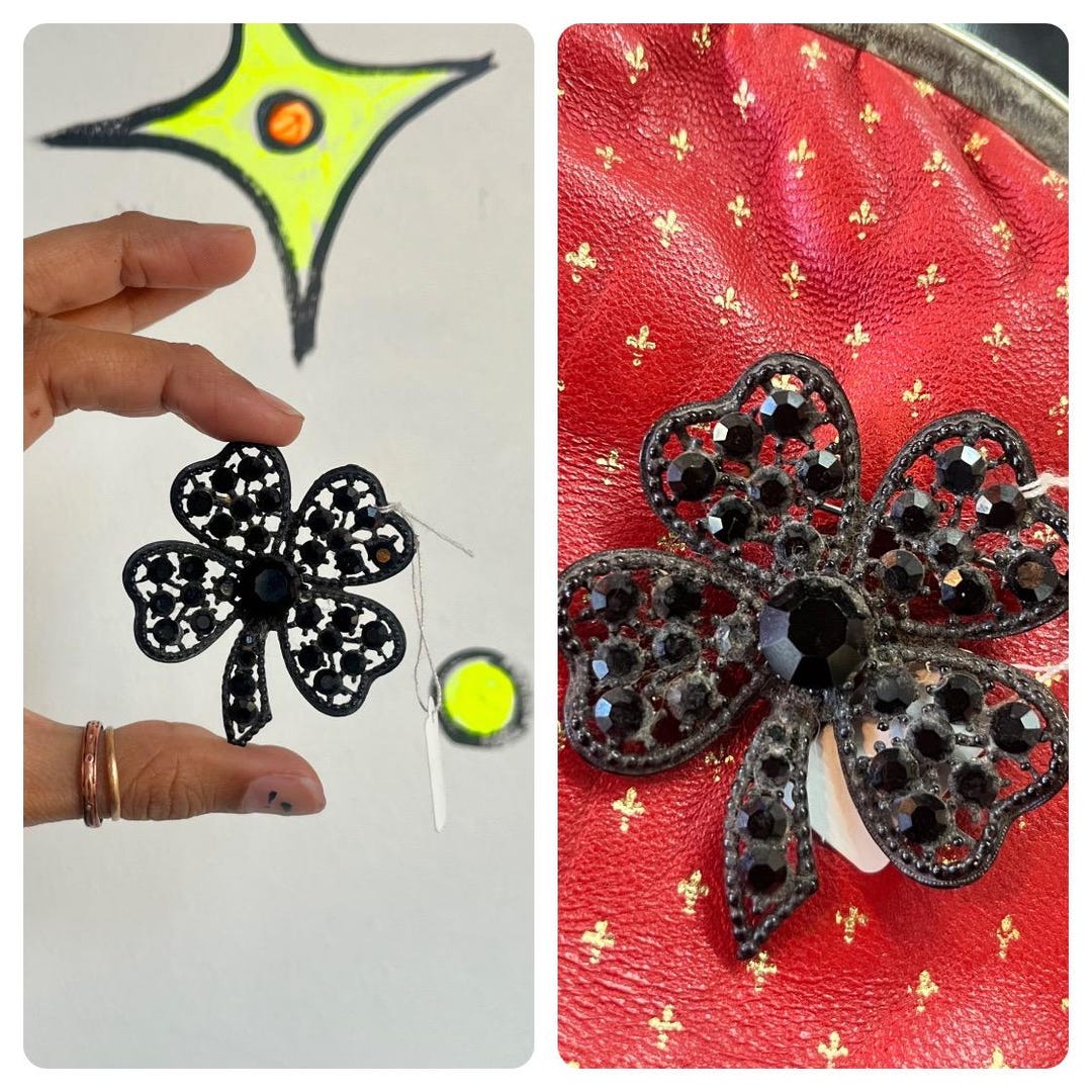 Vintage 50s or Older Black 4 Leaf Clover Whimsy Goth Black Rhinestone ...