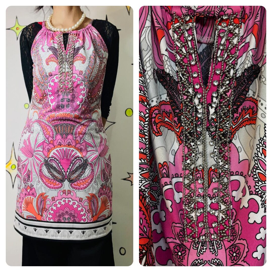 Vintage 90s Retro 60s 70s Mod Gogo Psychedelic Pink Paisley Mini Party ...