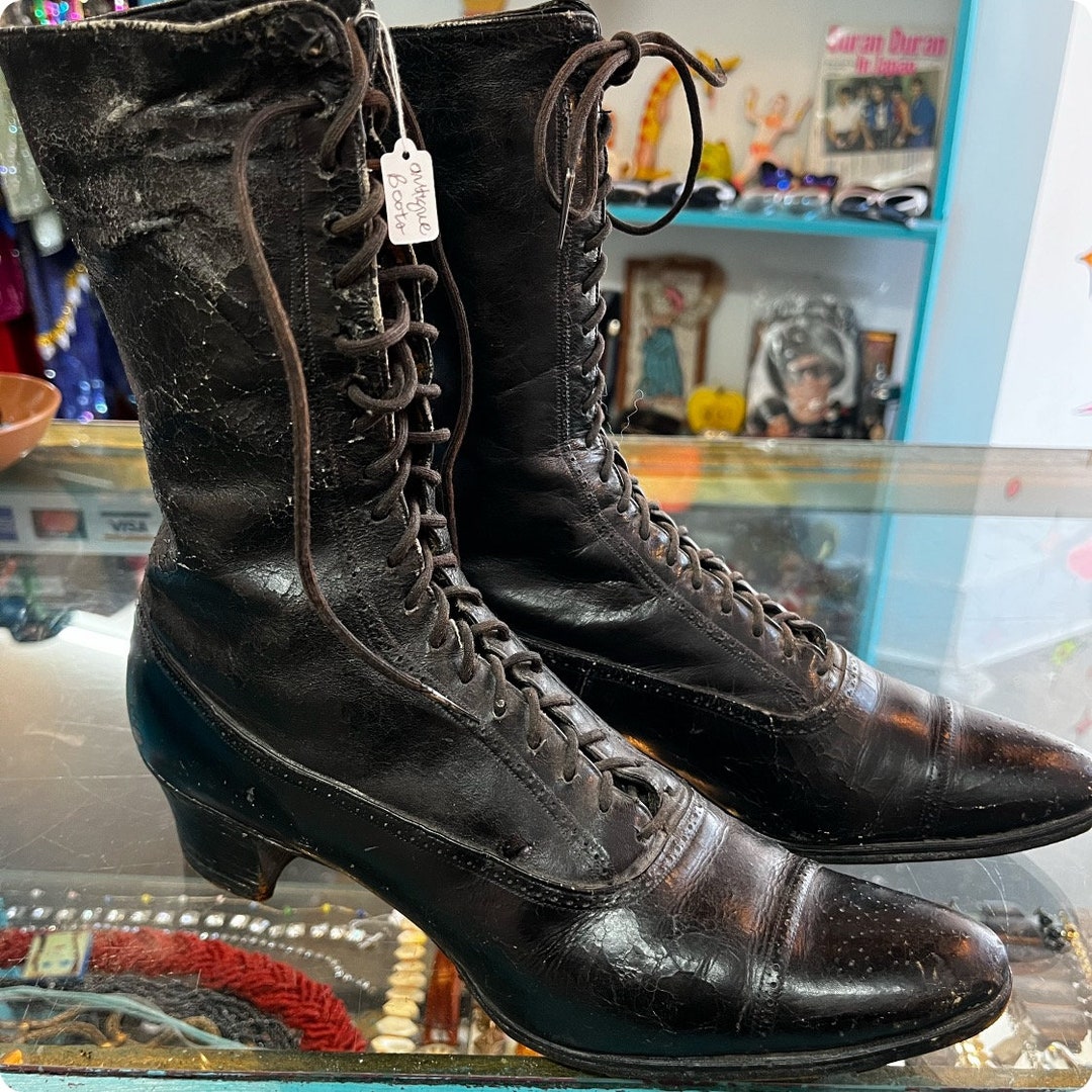 Antique Leather Boots | Black Pointy Lace up Boots | Narrow 6-7? - Etsy