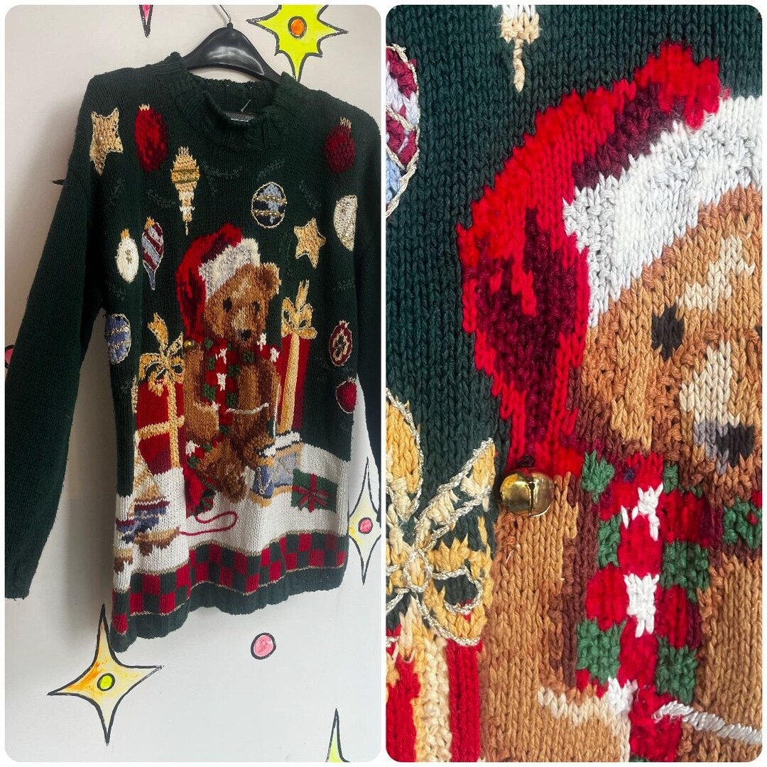 Vintage 80s 90s | Festive Tacky Ugly Christmas Teddy Bear Knit Sweater ...