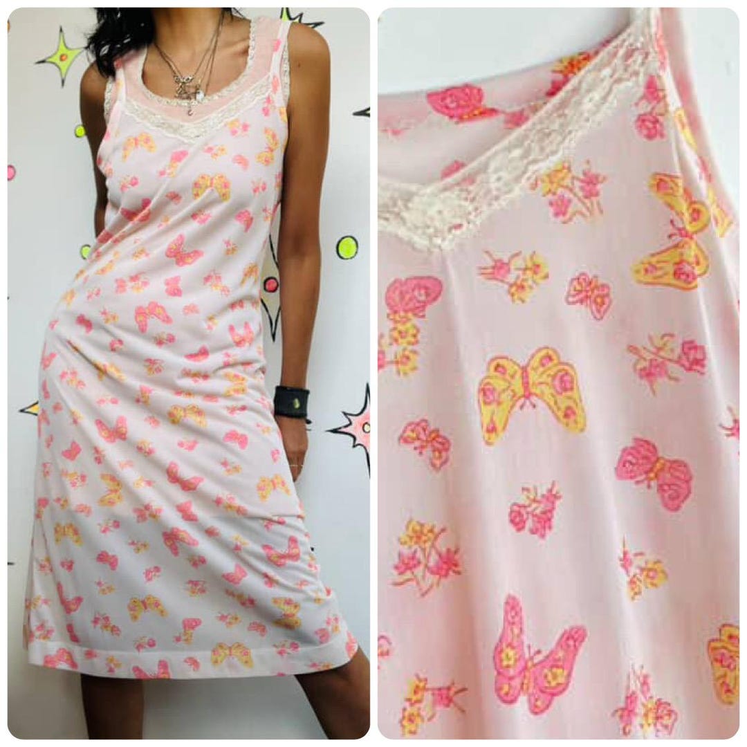 Vintage 60s 70s Pink Butterfly Print Nighty Slip Dress ' Fairy Grunge ...