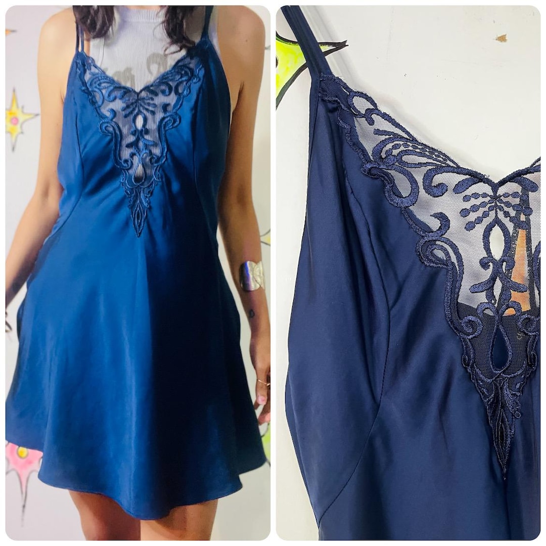 Vintage 90s Y2K Navy Satin Lace Fairy Grunge Slip Lingerie Mini Dress ...
