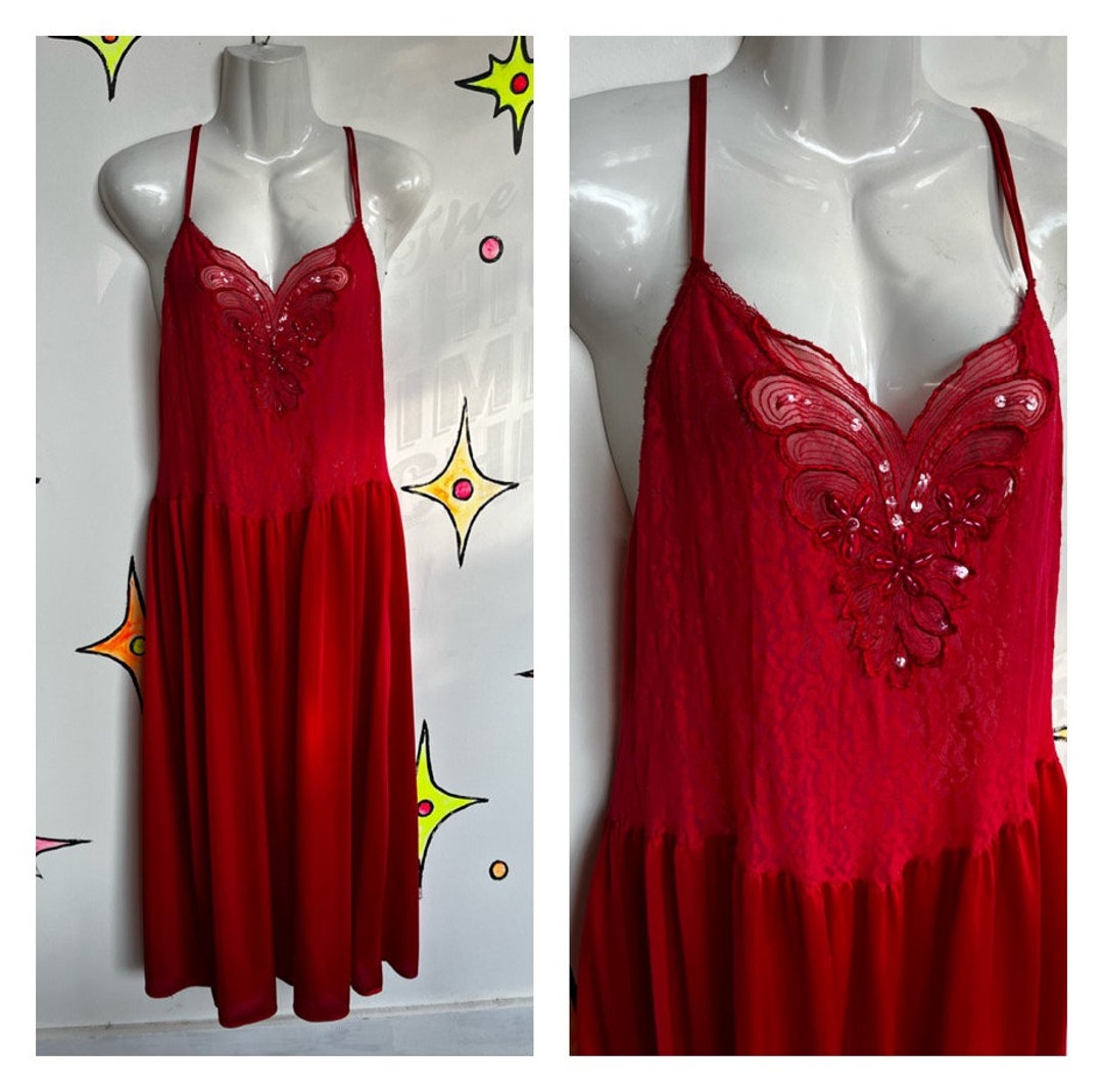 Vintage 80s | Red Lace Beaded Slip Nighty Mini Dress | Size Large - Etsy