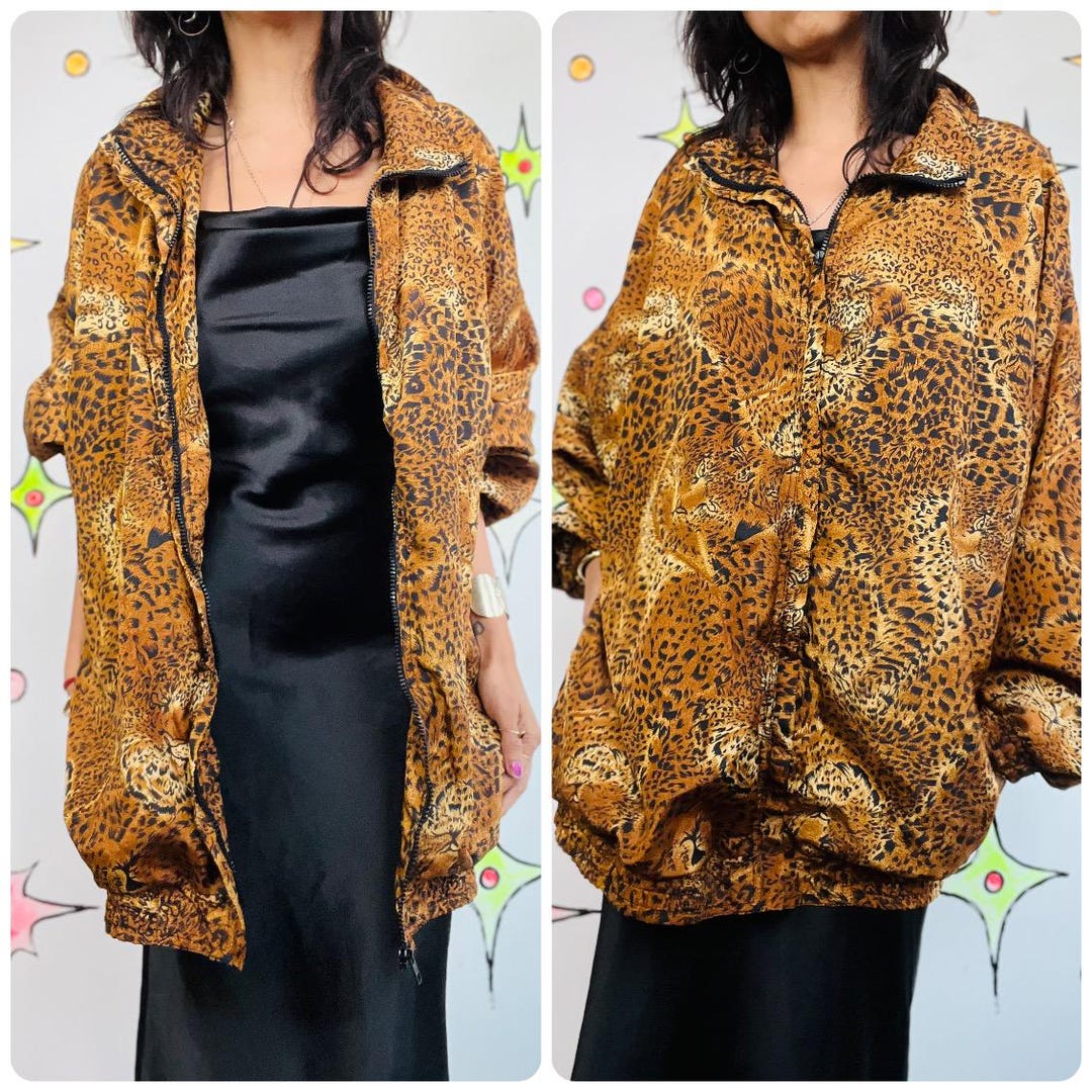Vintage 80s 90s Leopard Print Mob Wife Windbreaker Bomber Jacket ...