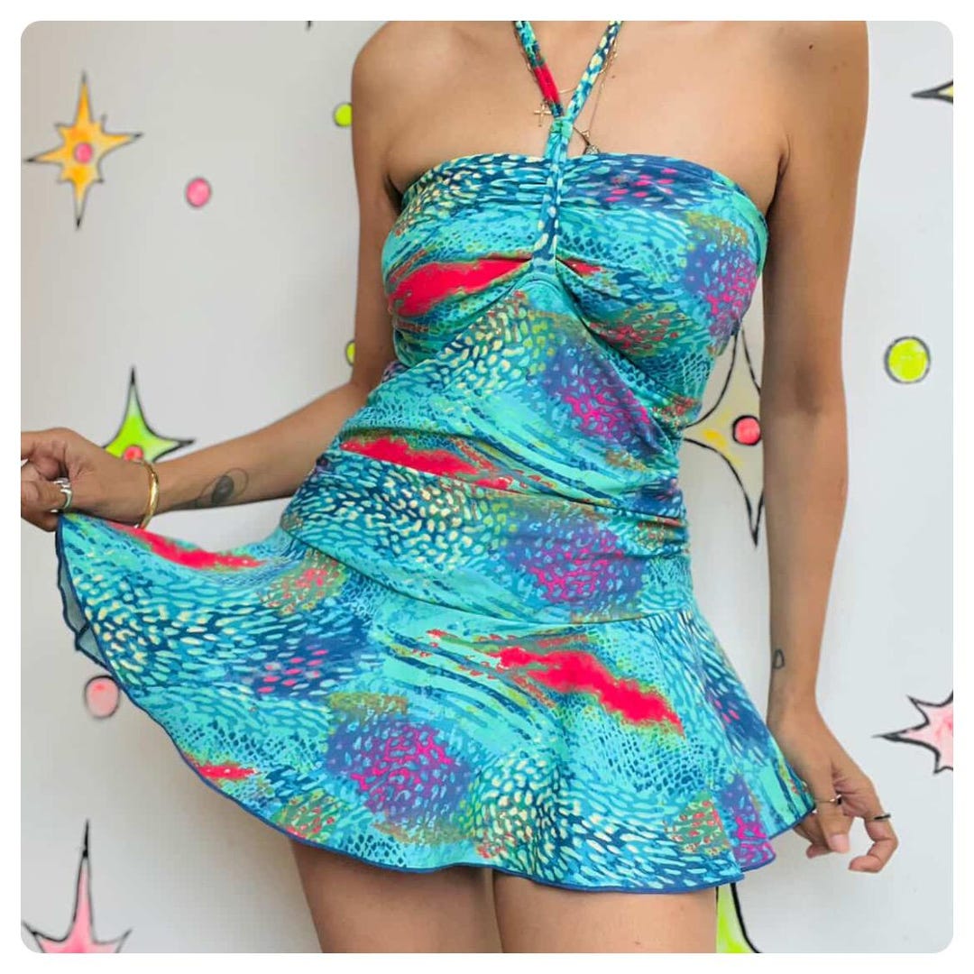 Vintage 90s Y2K Swim Dress – Blue Abstract Rainbow Snake Print One ...