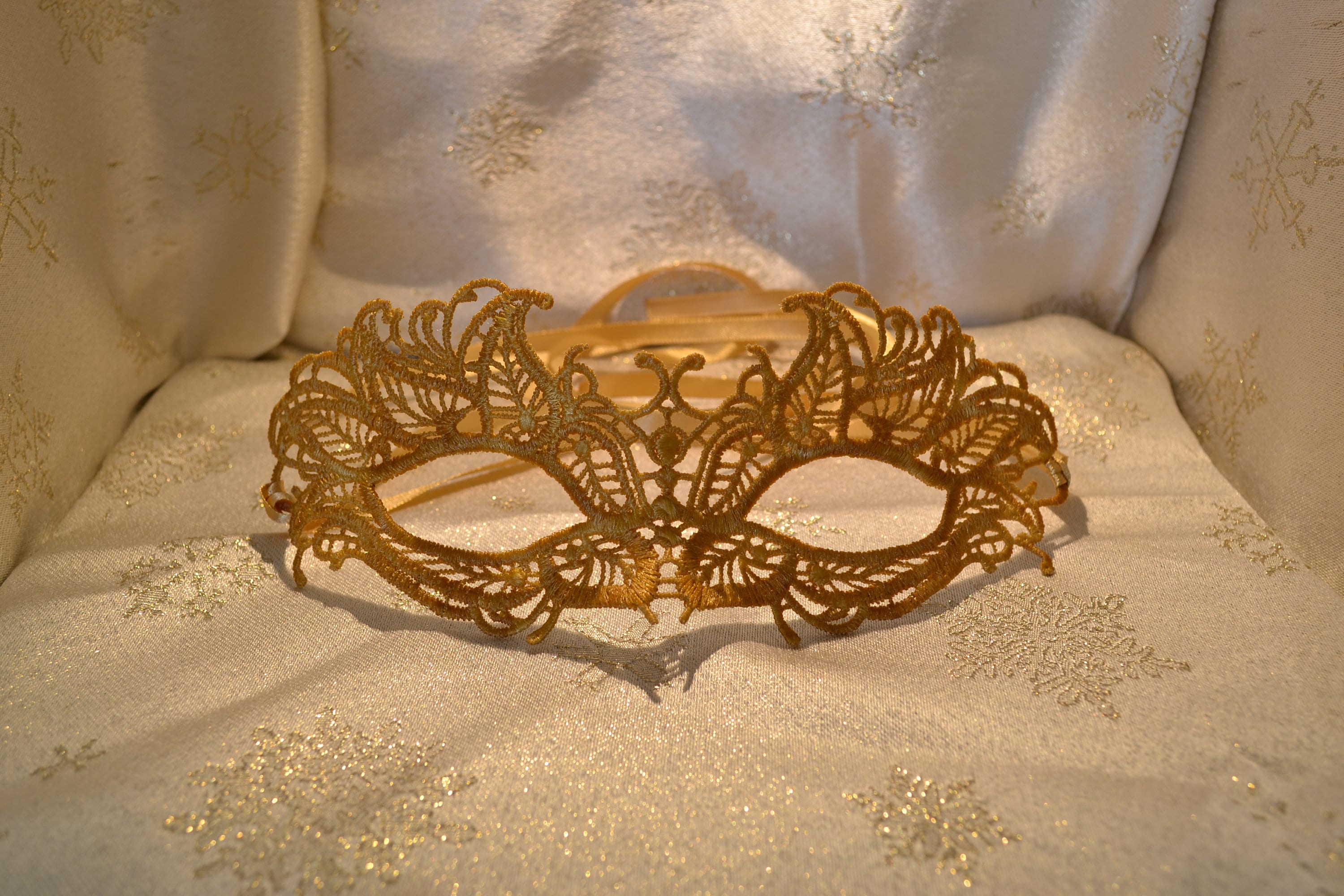 Gold Lace Masquerade Mask Gold Satin Ribbon Ties Halloween | Etsy