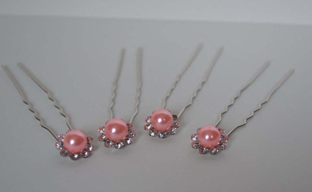 Wedding Bridal Hair Pins Pink Pearl Flower Shape With Crystal