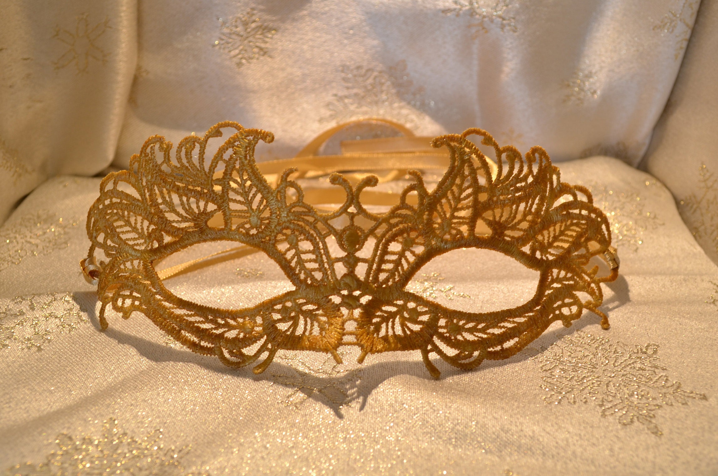 Gold Lace Masquerade Mask Gold Satin Ribbon Ties Halloween | Etsy