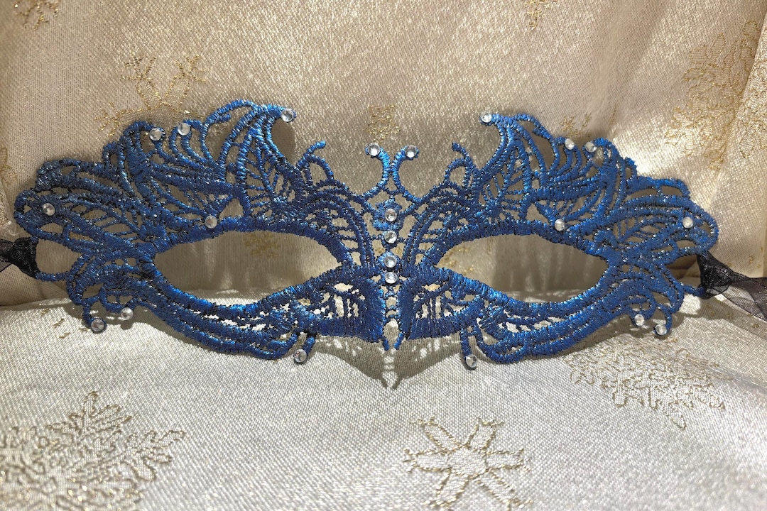 Blue Lace Diamante Masquerade Ball Mask Satin Ribbons Womens Party Mask ...