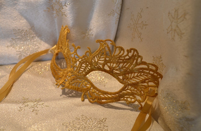 Gold Lace Masquerade Mask Gold Satin Ribbon Ties Halloween | Etsy