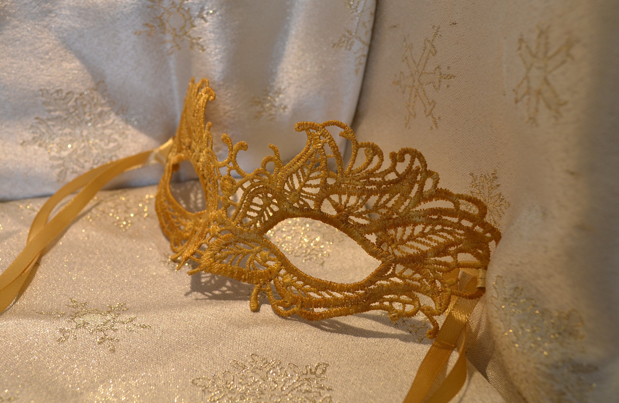 Gold Lace Masquerade Mask Gold Satin Ribbon Ties Halloween | Etsy
