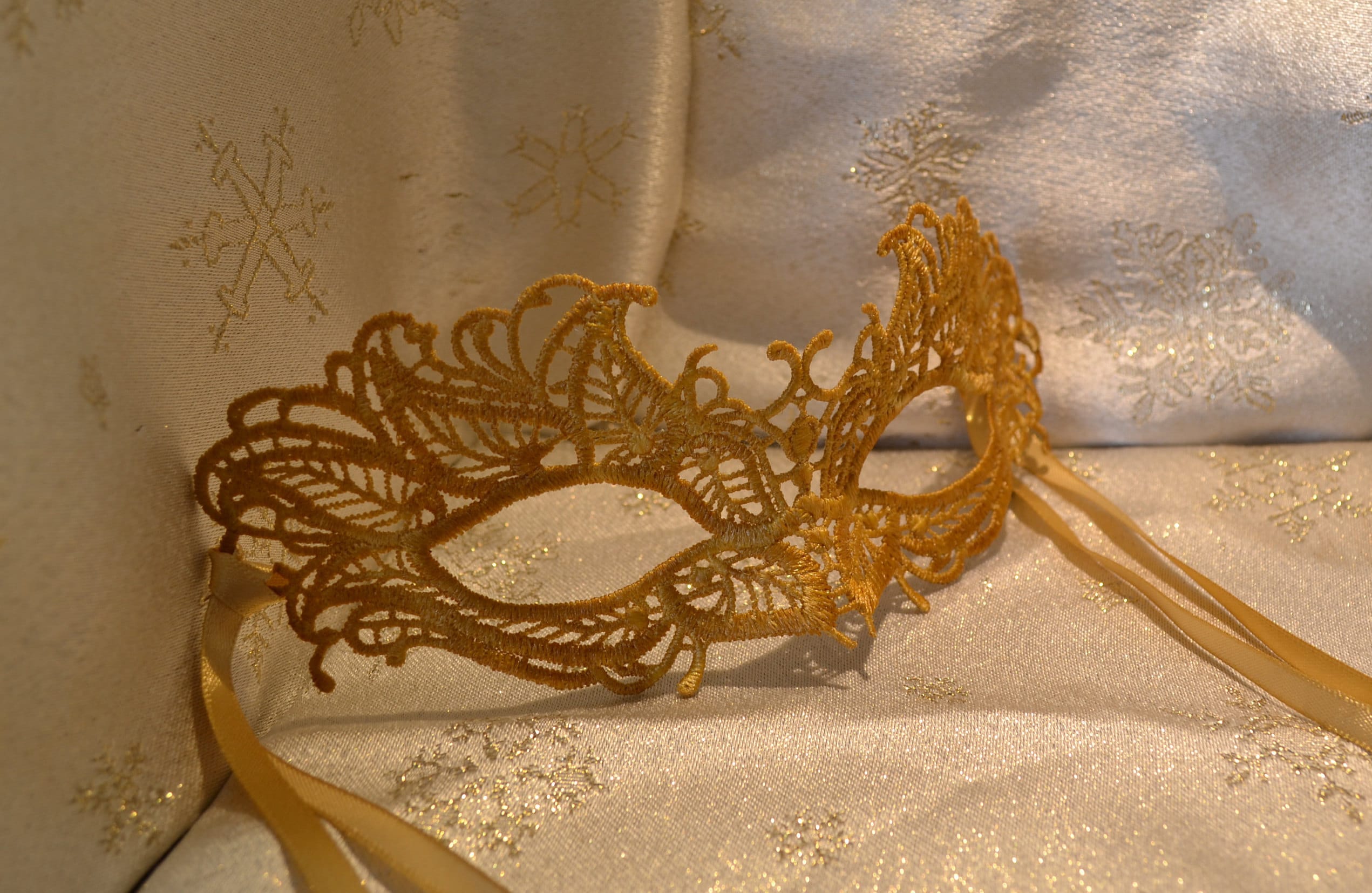 Gold Lace Masquerade Mask Gold Satin Ribbon Ties Halloween | Etsy