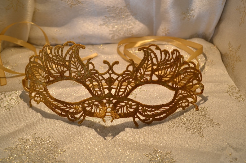 Gold Lace Masquerade Mask Gold Satin Ribbon Ties Halloween | Etsy