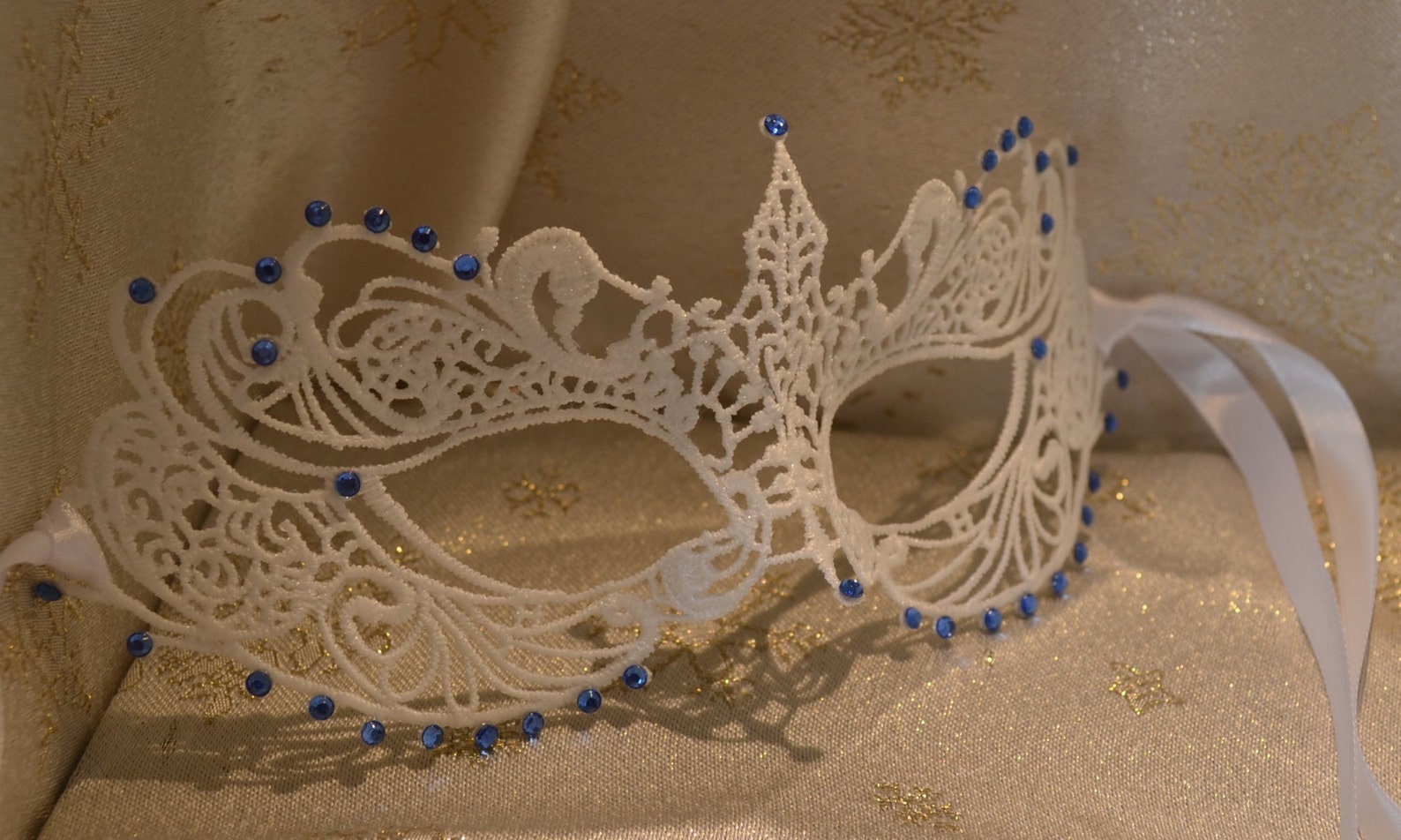 White Masquerade Mask Blue Sapphire Glass Diamante White Satin | Etsy