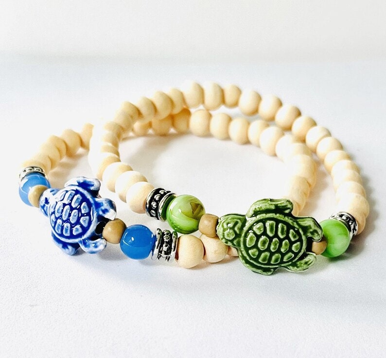 Sea Turtle Beaded Bracelet, Gemstone & Wood, Boho Beach Jewelry - Etsy