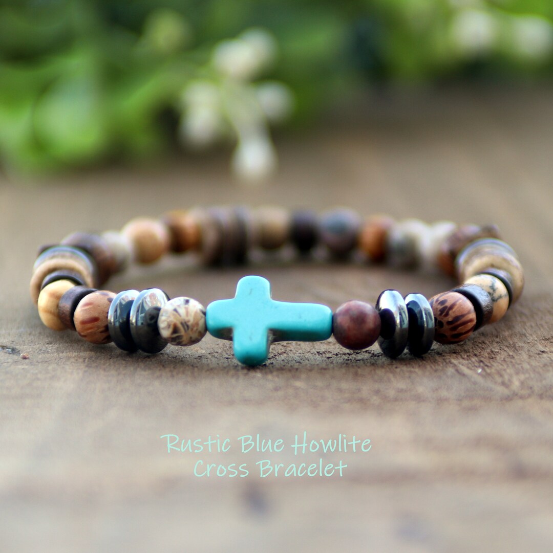 Mens Cross Bracelet Christian Catholic Wood Bead Bracelet Modern Earthy ...