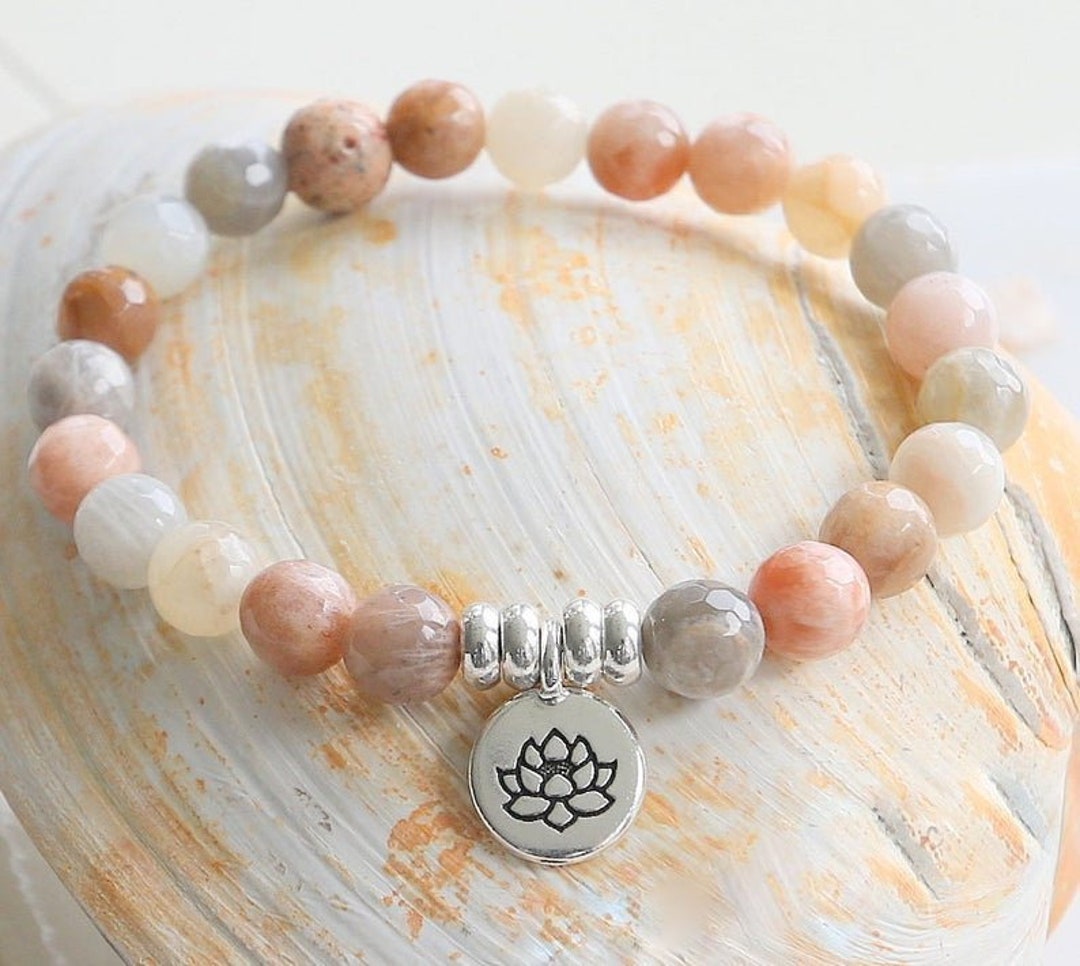 Sunstone Lotus Charm Bracelet, AA Gemstone Yoga Mala Jewelry, Woman's ...