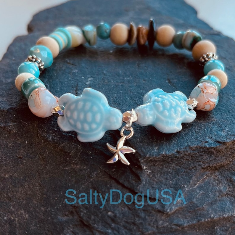 Turtle Beaded Bracelet With Starfish Charm, Boho Beach Jewelry Blue ...