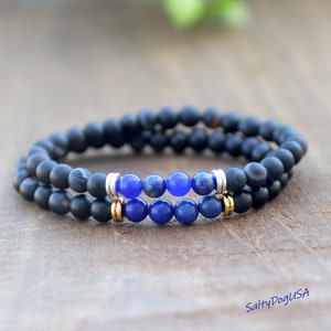 Men's Black Onyx Beaded Protection Bracelet, Beautiful Onyx, and Lapis ...