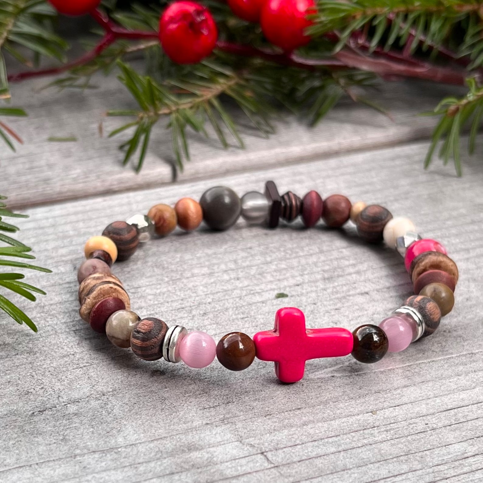 Beaded Sideways Pink Cross Stretch Bracelet Girls Gift Idea - Etsy