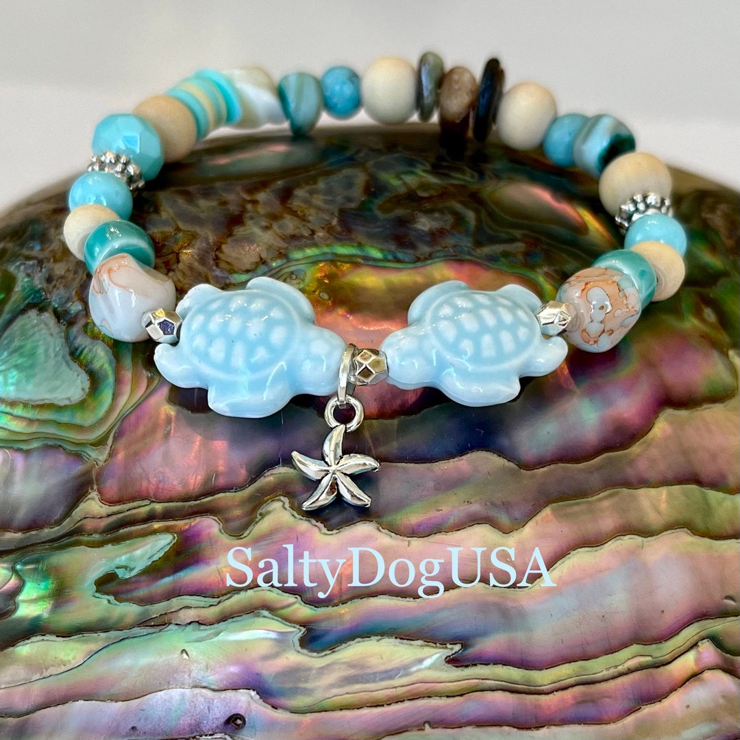 Turtle Beaded Bracelet With Starfish Charm, Boho Beach Jewelry Blue ...