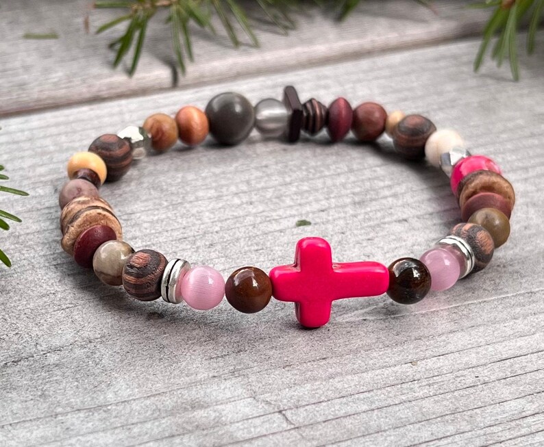 Beaded Sideways Pink Cross Stretch Bracelet, Girls Gift Idea From Mom ...