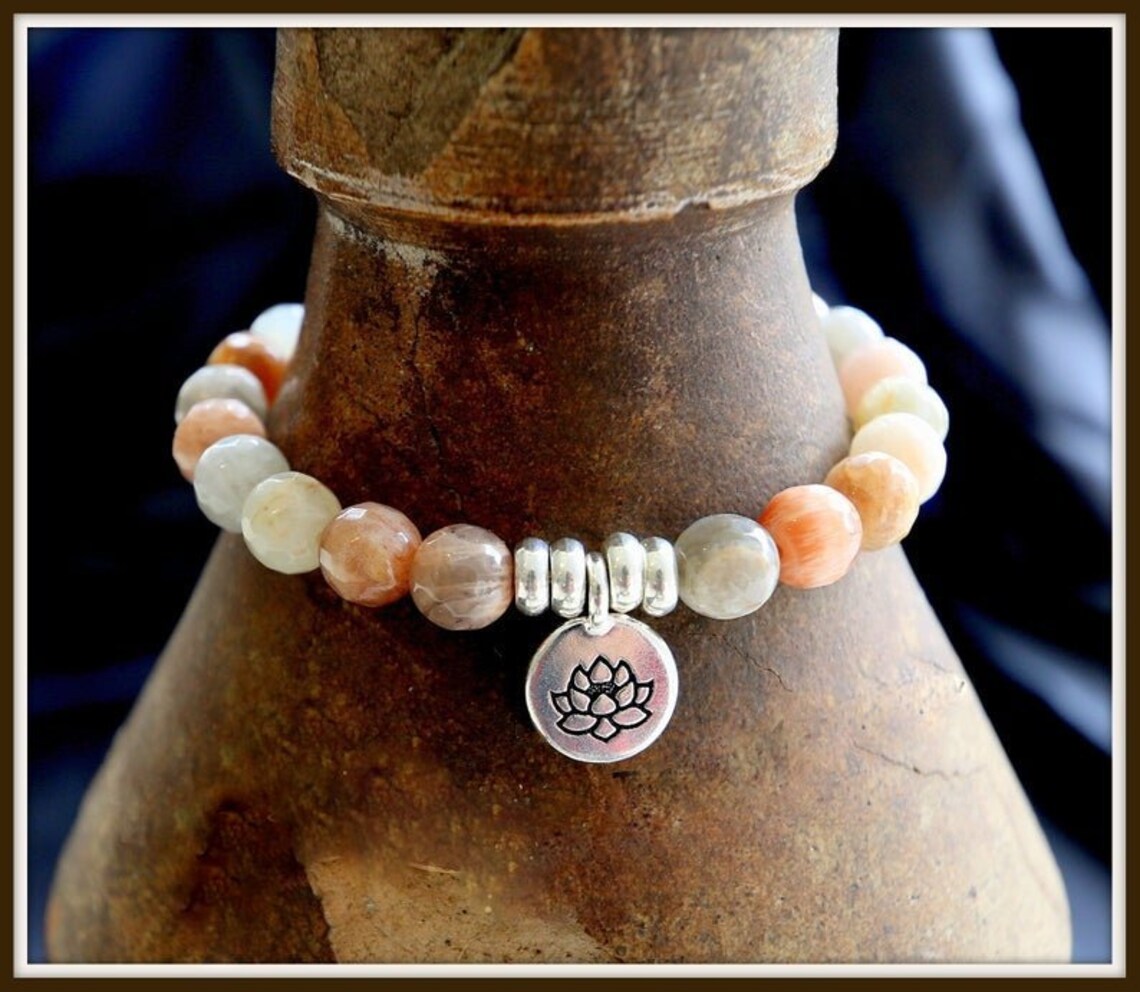 Sunstone Lotus Charm Bracelet, AA Gemstone Yoga Mala Jewelry, Woman's ...