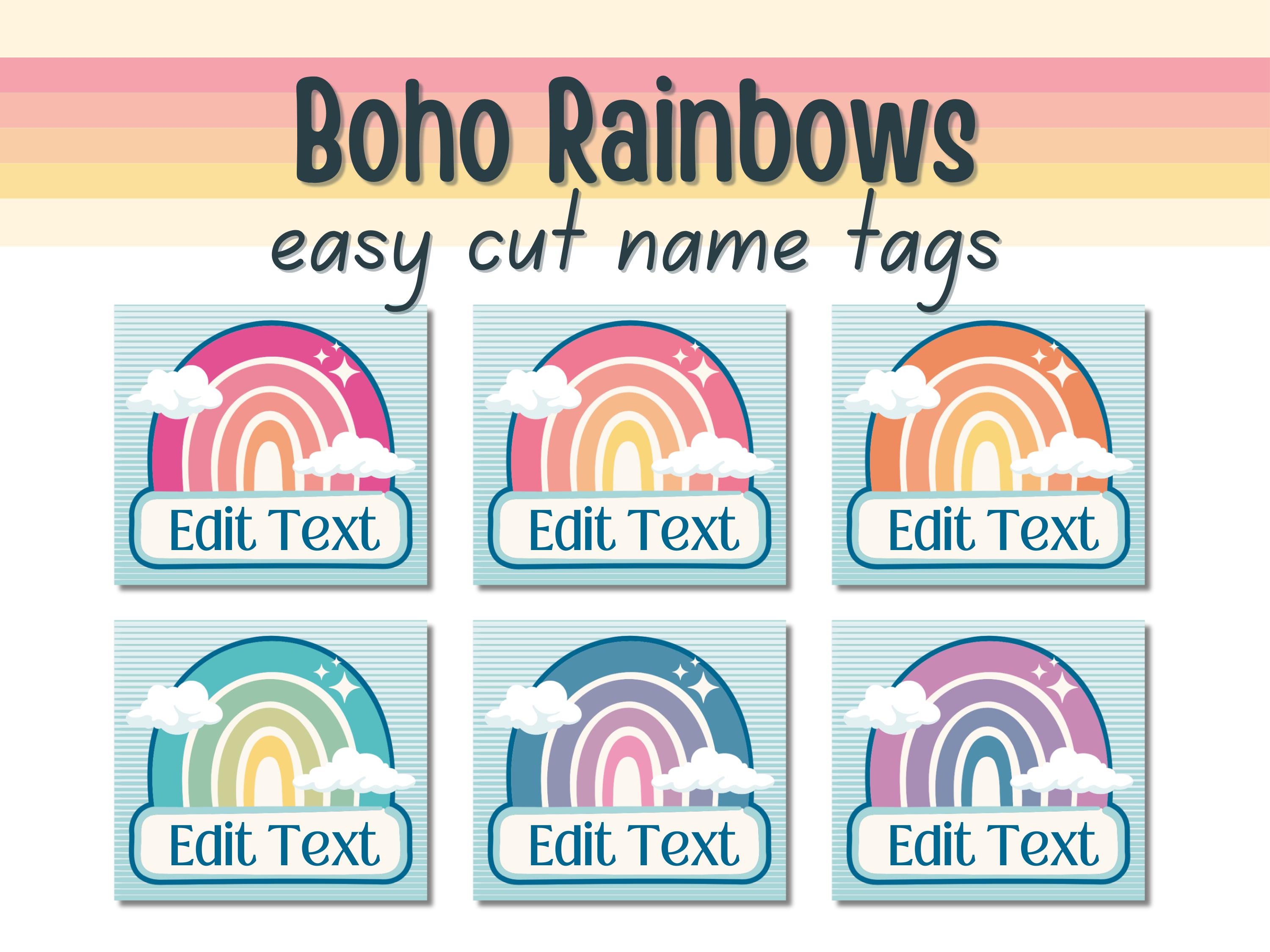Boho Rainbows Classroom Name Tags, Editable Canva Template, Printable ...