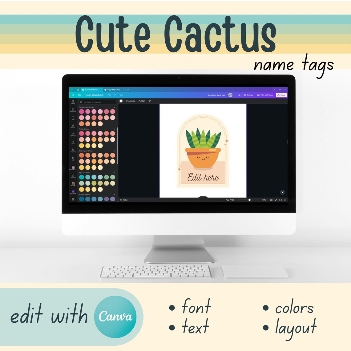 Cactus and Succulents Classroom Name Tags, Editable Canva Template ...