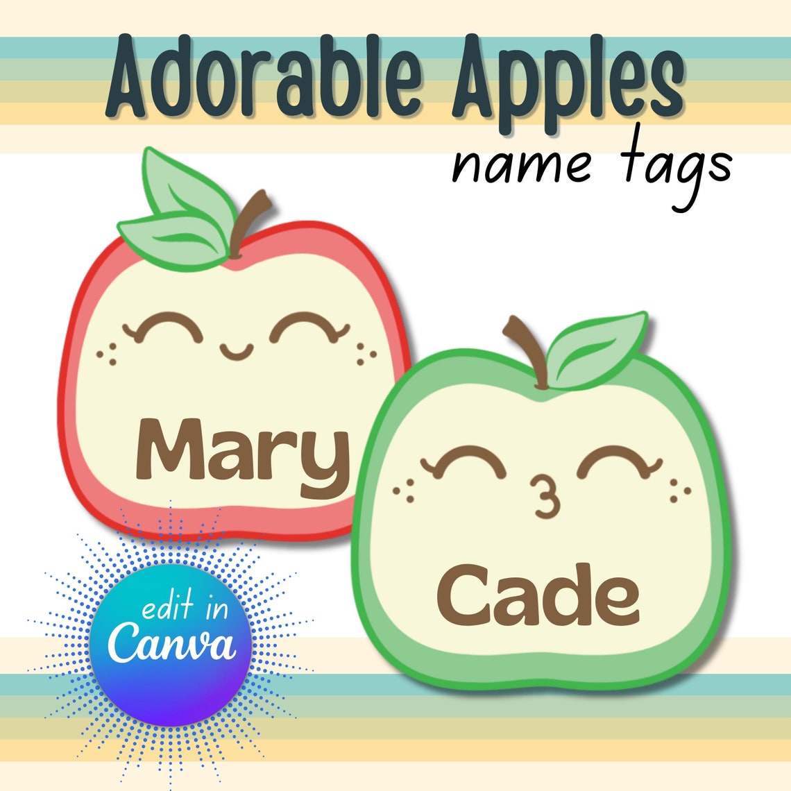 Cute Apples Classroom Name Tags, Editable Canva Template, Printable ...