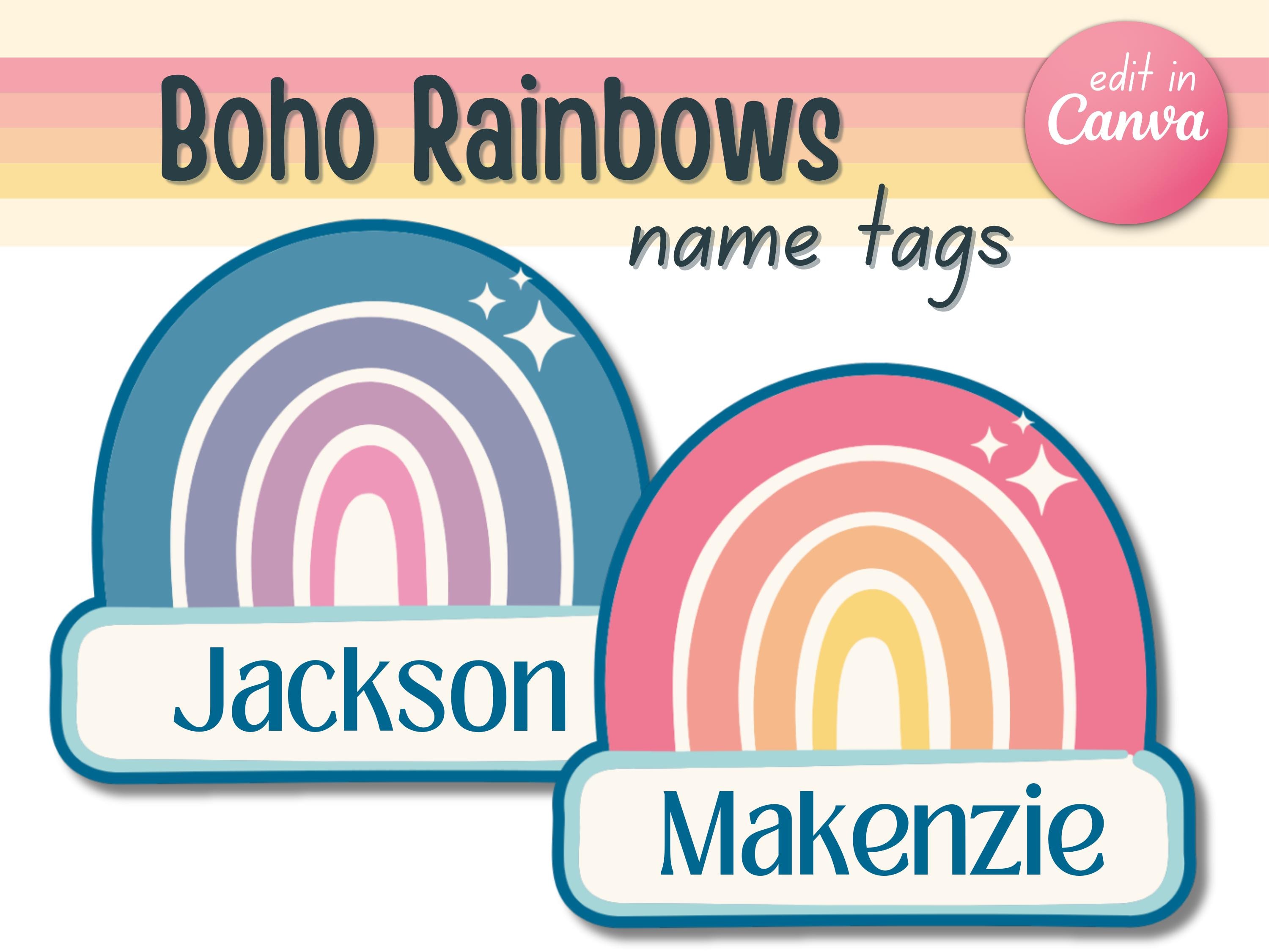 Boho Rainbows Classroom Name Tags, Editable Canva Template, Printable ...