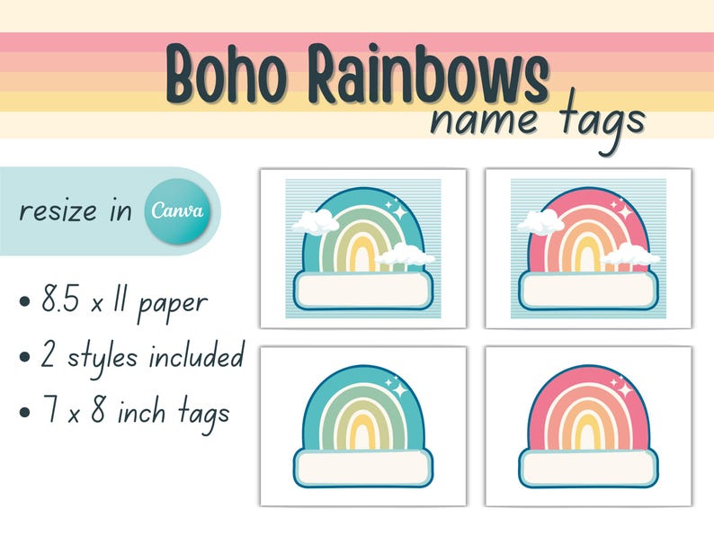 Boho Rainbows Classroom Name Tags, Editable Canva Template, Printable ...