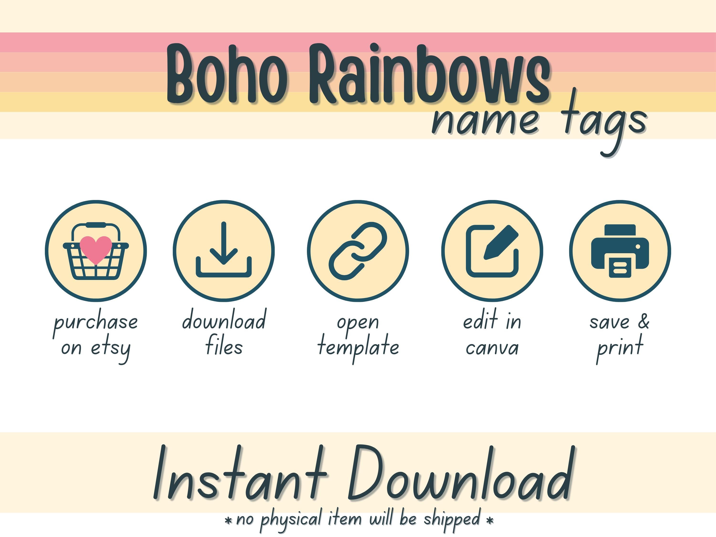 Boho Rainbows Classroom Name Tags, Editable Canva Template, Printable ...