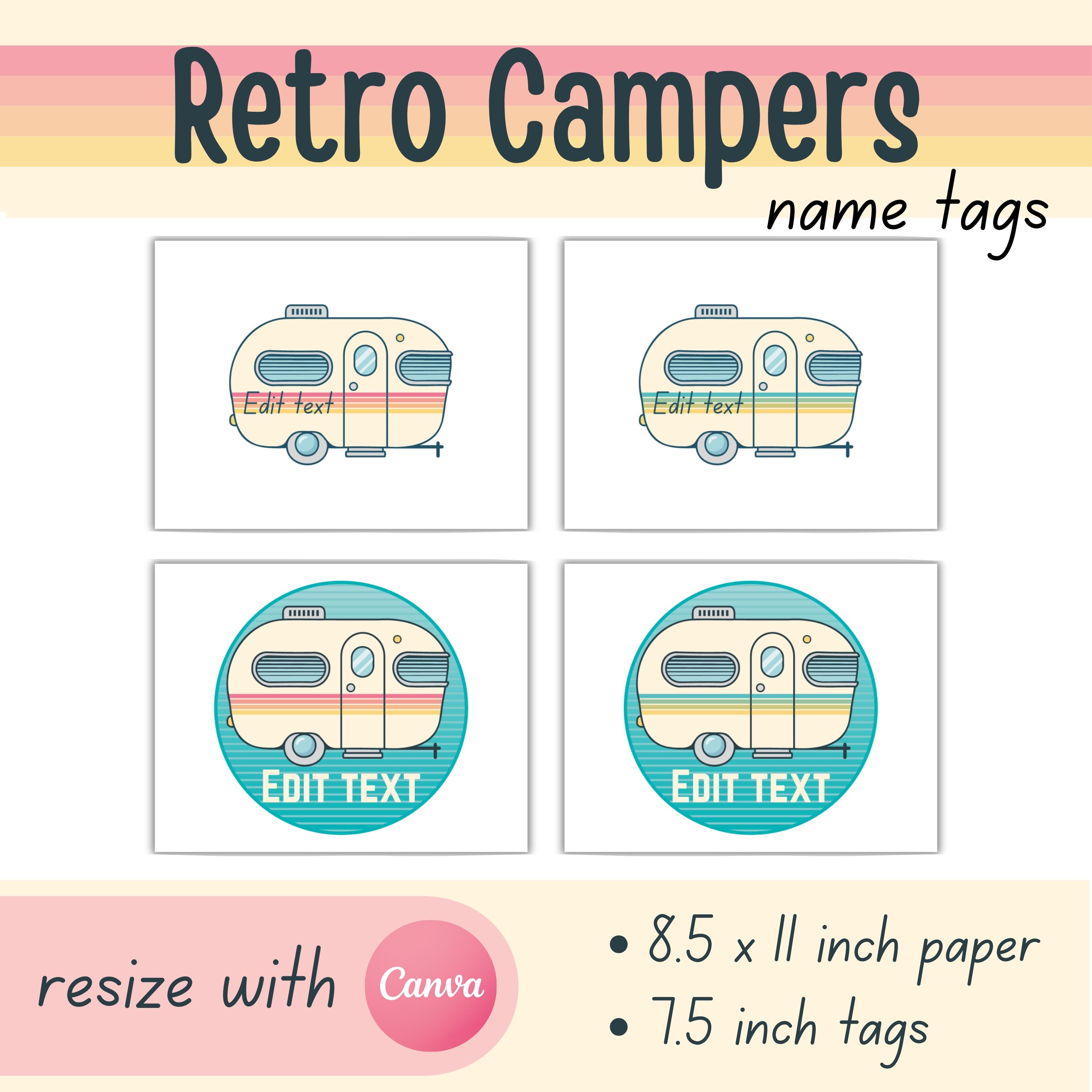 Camping Classroom Name Tags, Retro Campers Editable Canva Template ...