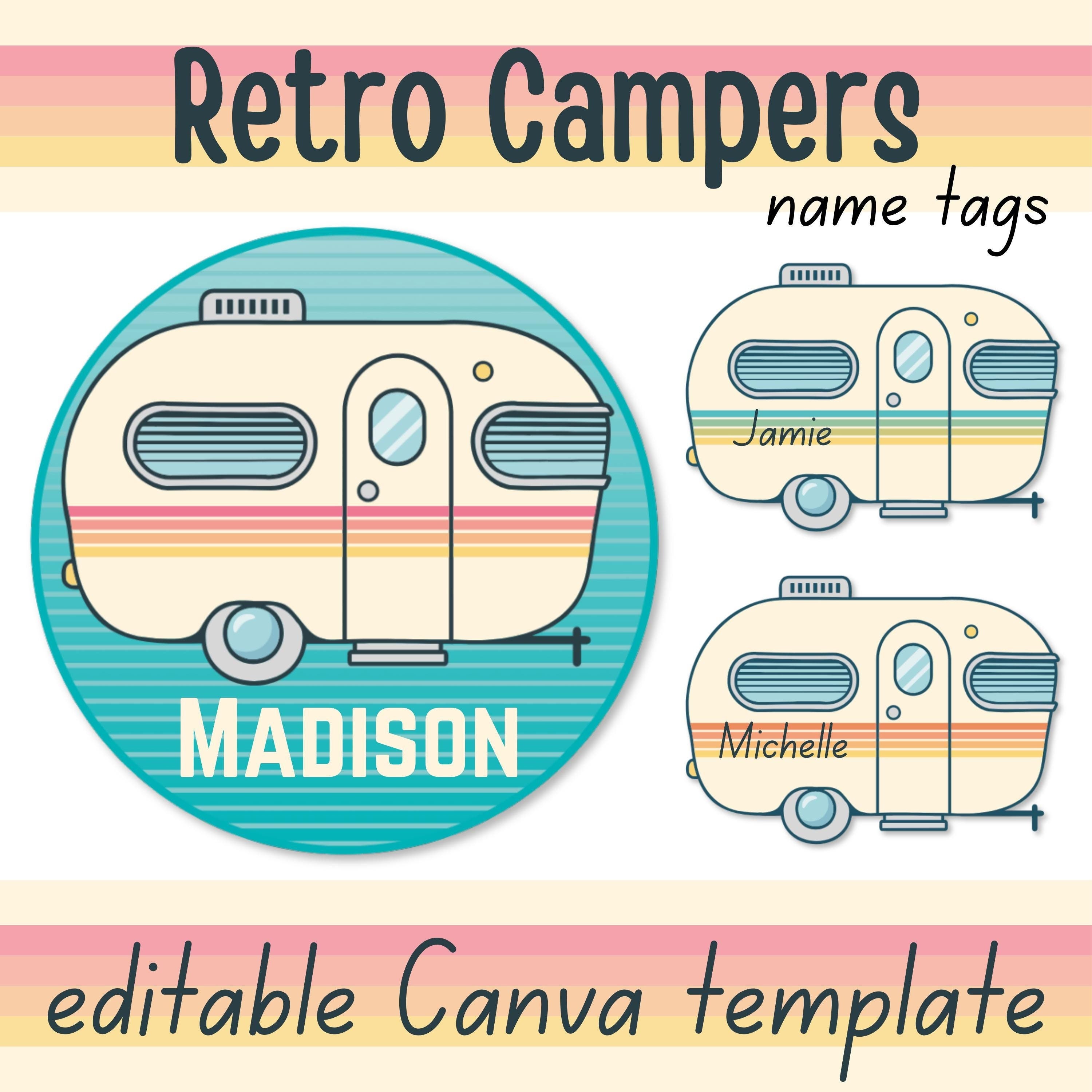 Camping Classroom Name Tags, Retro Campers Editable Canva Template ...