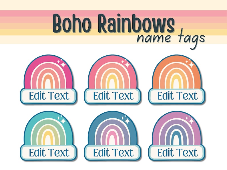 Boho Rainbows Classroom Name Tags, Editable Canva Template, Printable ...