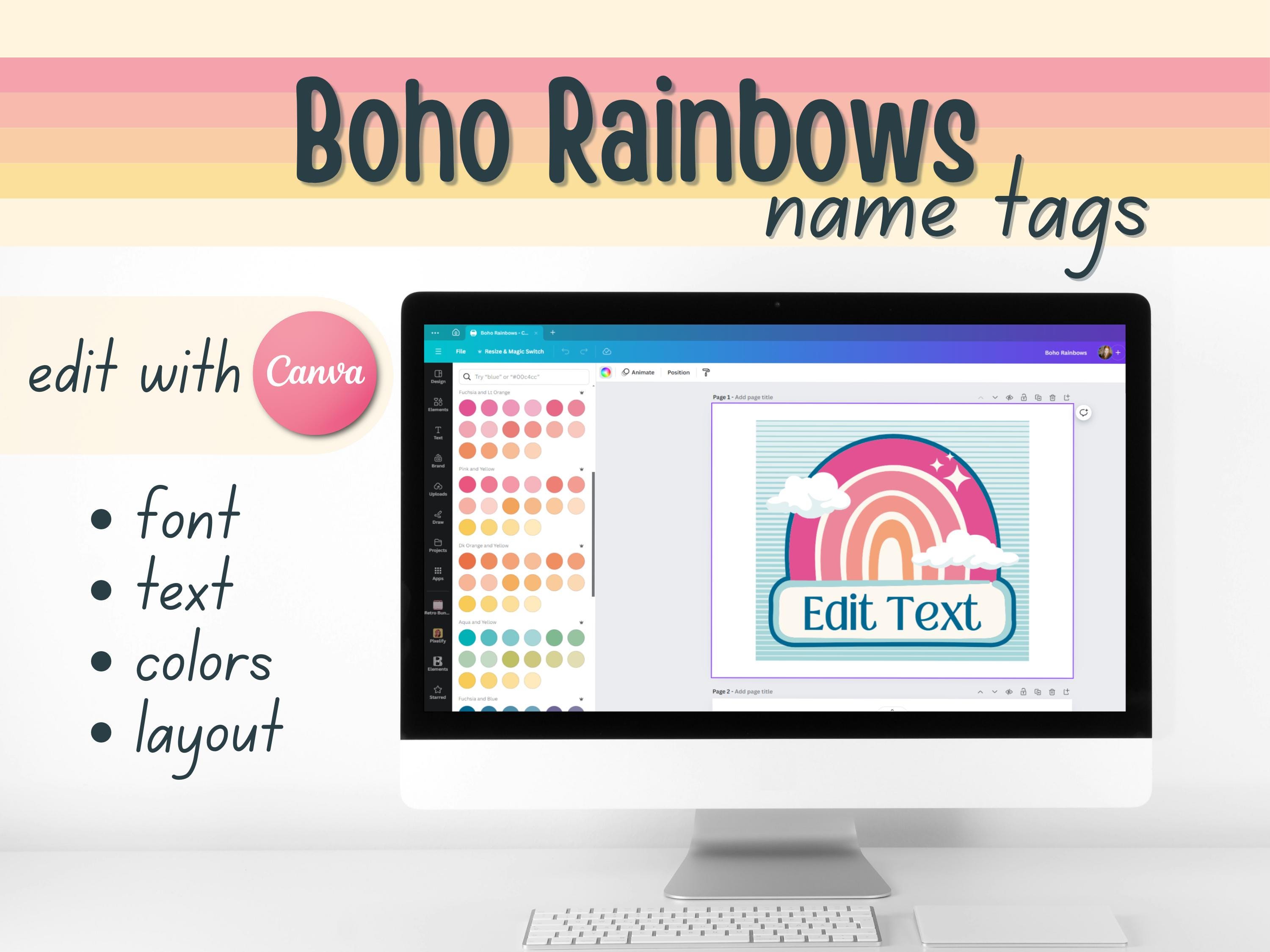 Boho Rainbows Classroom Name Tags, Editable Canva Template, Printable ...