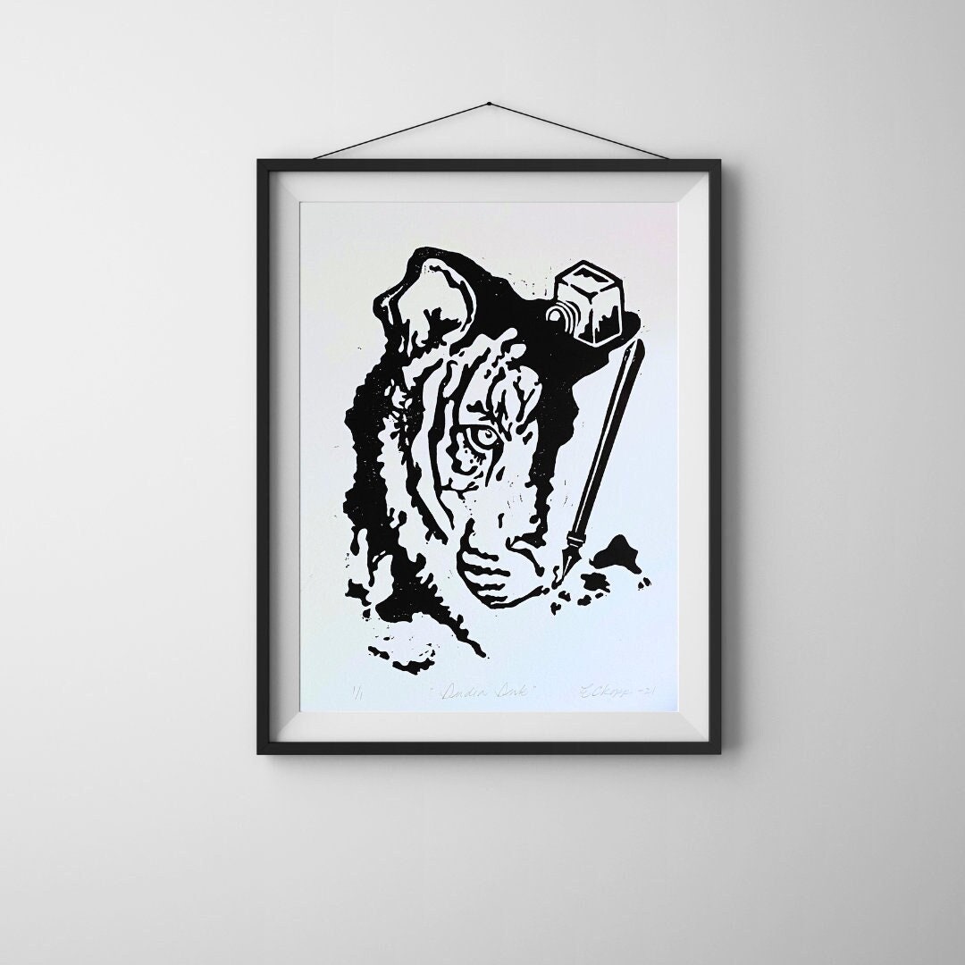 India Ink | Original Art Linocut Relief Block Print | Tiger | Black and ...