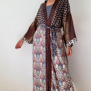 Patchwork Floor Length Robe Wrap Tie Kimono Silky Duster Trendy Boho ...