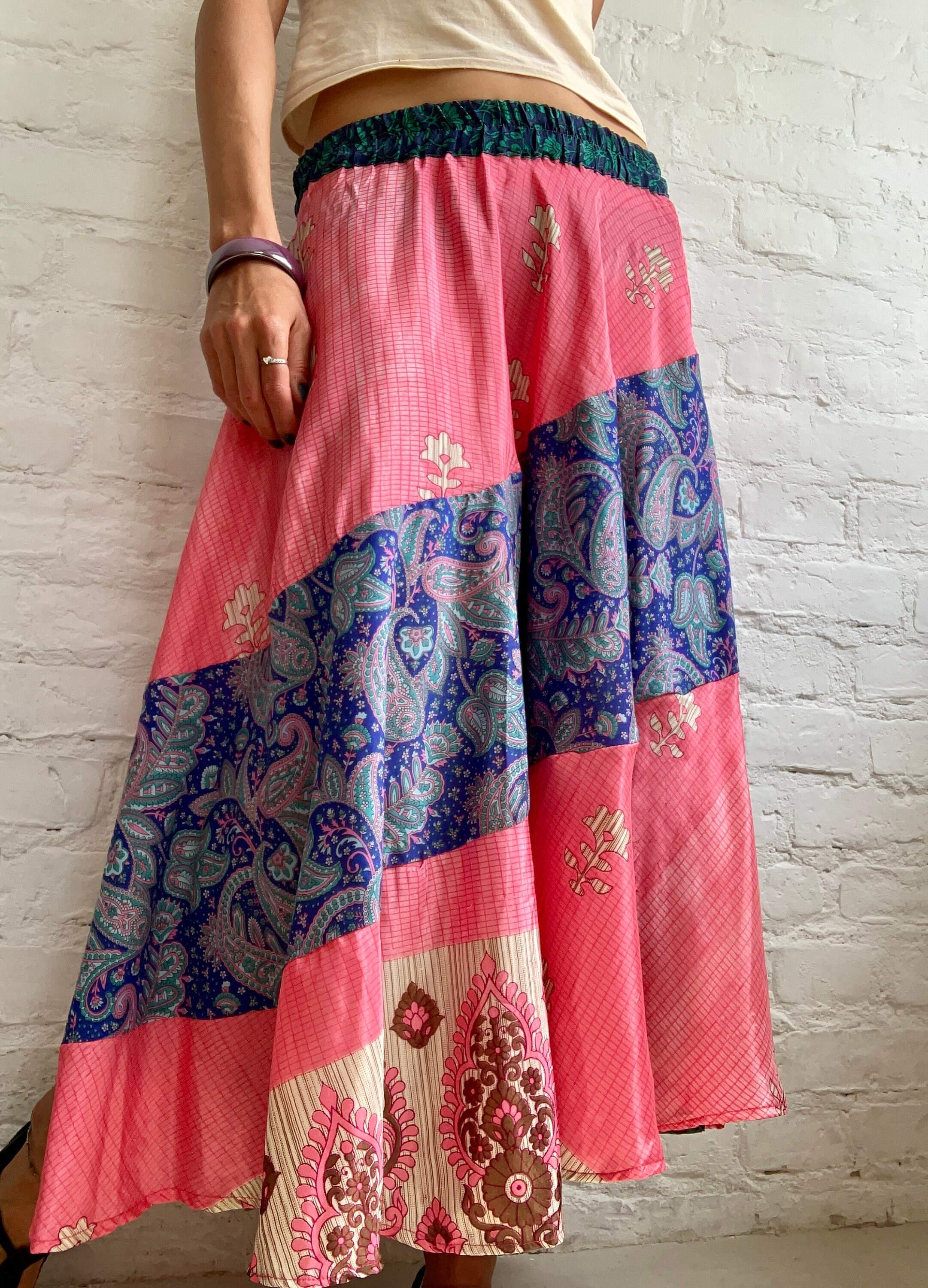 Remake Patchwork Skirt Flared Lightweight Skirt Loose Comfy Skirt Daily ...