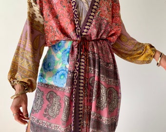 Pastel Patchwork Robe Wrap Tie Boho Coat Long Beach Cover up - Etsy