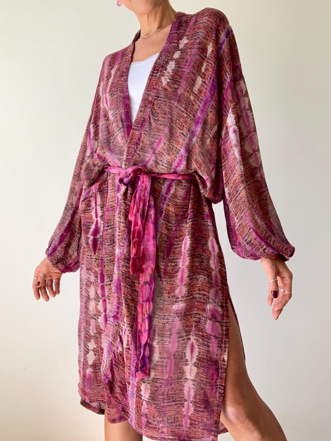 Puff Sleeve Silk Robe Tie Dye Lightweight Sun Protection Shirt Retro ...