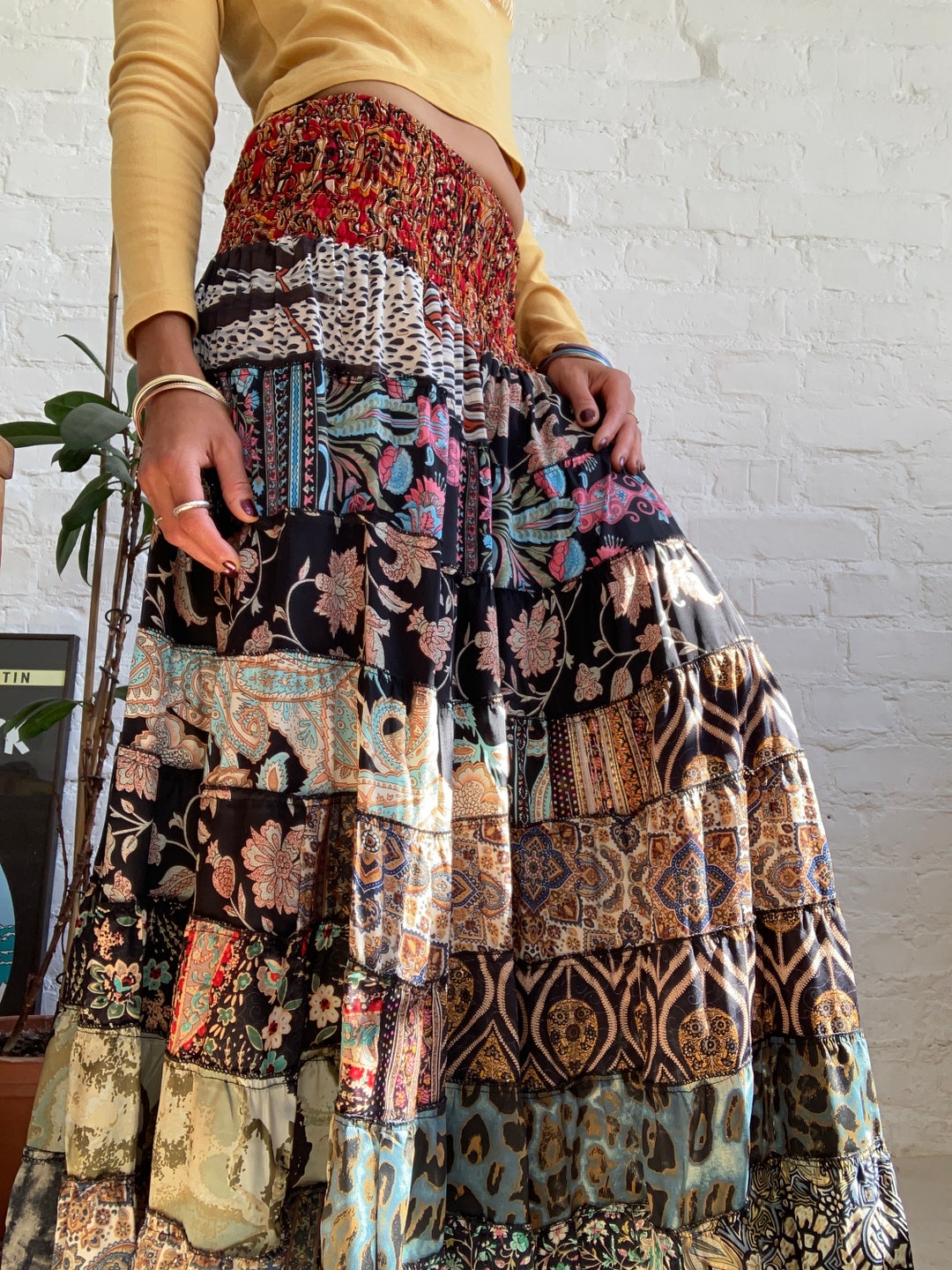 Frilled Patchwork Skirt Tiered Floaty Loose Wide Boho Hippie Comfy ...