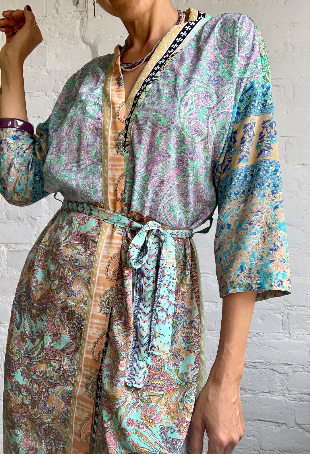 Short Kimono Summer Silky Robe Boho Colorful Shirt for the Beach Sun ...