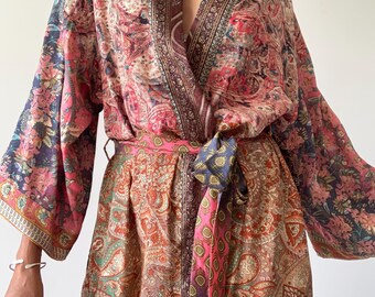Silky Duster Coat Patchwork Daily Robe Morning Gown House Coat ...